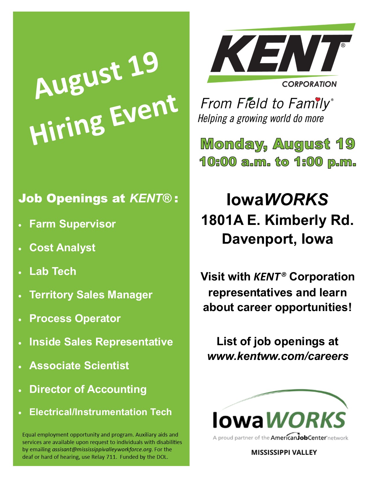 KENT Corp. hosts hiring fair Monday at IowaWORKS